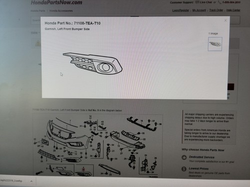 Honda 71108-TEA-T10Garnish, Left Front Bumper Side 2018 Honda Civic ...