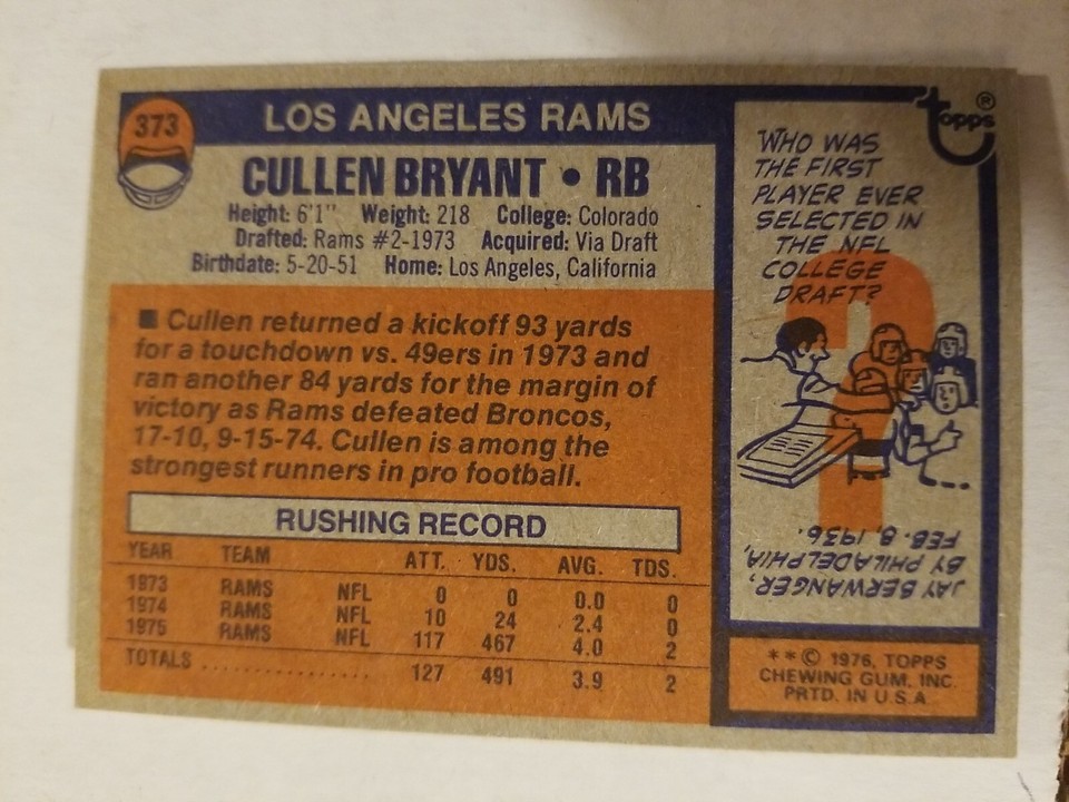 Cullen Bryant [Base] RC #373 Los Angeles Rams - 1976 Topps Football EX ...