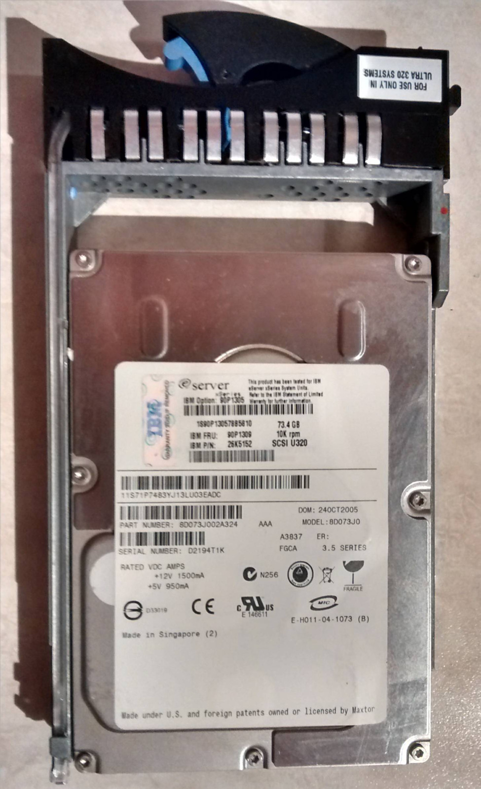 IBM 26K5152 90P1309 eServer 73.4GB SCSI 80pin SCA 10K Ultra320 Hard ...