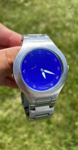 Vtg Fossil Big Tic Watch Men Kanji Blue Silver Tone JR-7978 *READ* | eBay