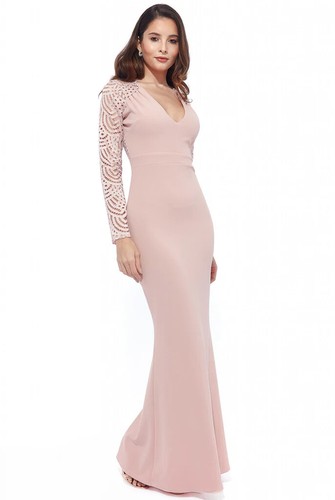 Goddiva Dress Women's Maxi Arch Lace Back Mermaid Hem Full Sleeves Nude ...