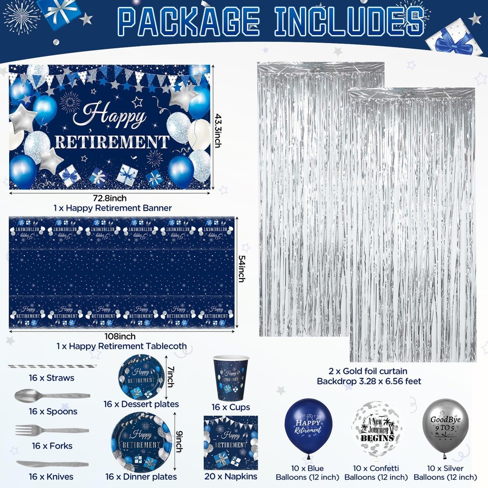 Blue Retirement Party Decorations for Men Women Navy Blue Silver ...
