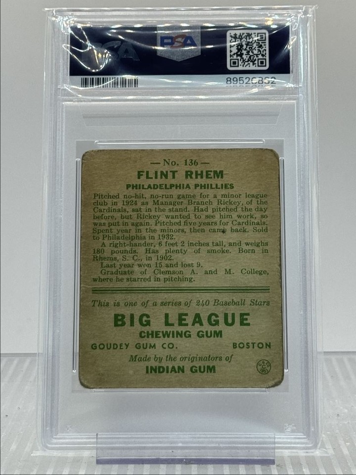 FLINT RHEM 1933 GOUDEY BIG LEAGUE MLB ROOKIE PHILLIES #136 RC PSA 2 ...