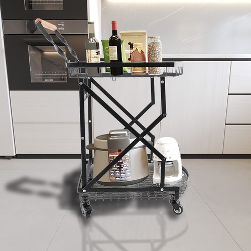 2 Tier Utility Cart Storage Trolley on 2 Wheels Folding Kitchen ...