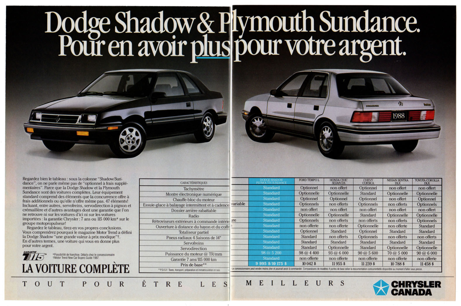 1988 DODGE Shadow PLYMOUTH Sundance Vintage Original 2 page Print AD ...
