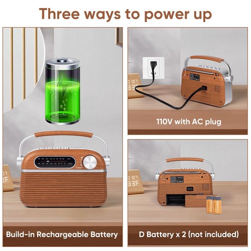 Portable AM FM Analog Radio Plug in Wall with Bluetooth Speak, 3-Way ...