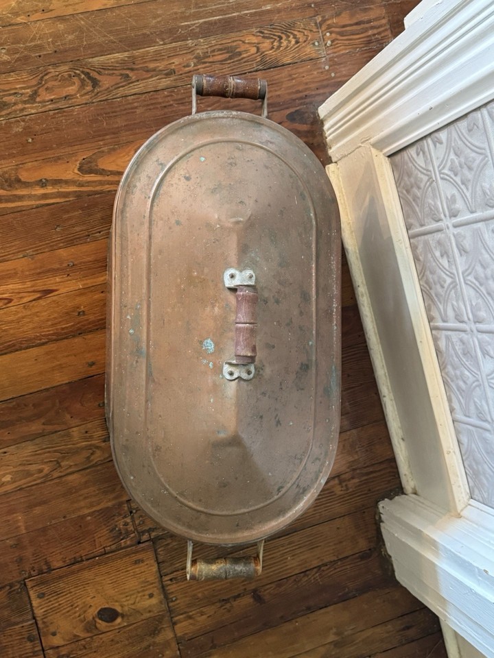 Antique Copper Boiler Wash Tub Pot Snug Fit Lid Wood Handles Vtg ...
