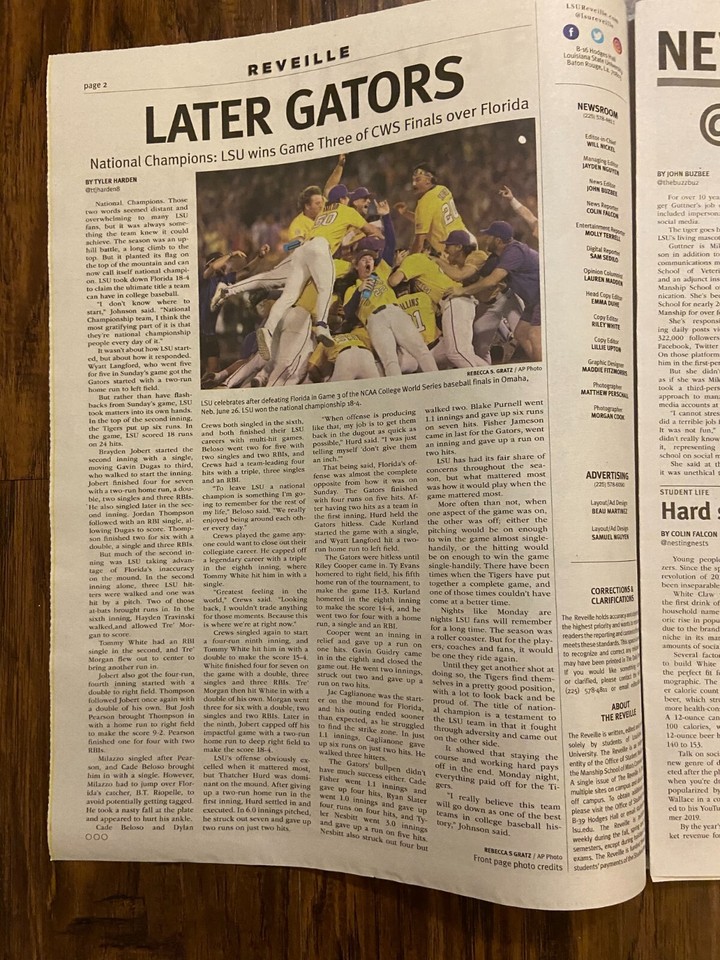LSU TIGERS BASEBALL REVEILLE NEWSPAPER 2023 NATIONAL CHAMPIONSHIP ...
