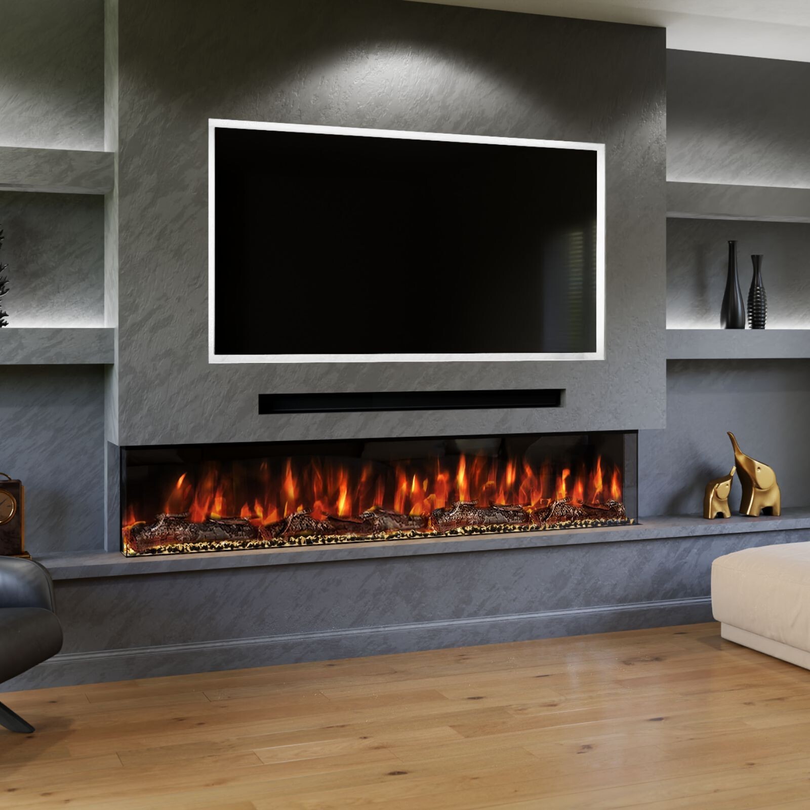 44 - 50 - 60 - 72 -82 INCH HD+ PANORAMIC ELECTRIC FIRE 3 SIDED FULL ...