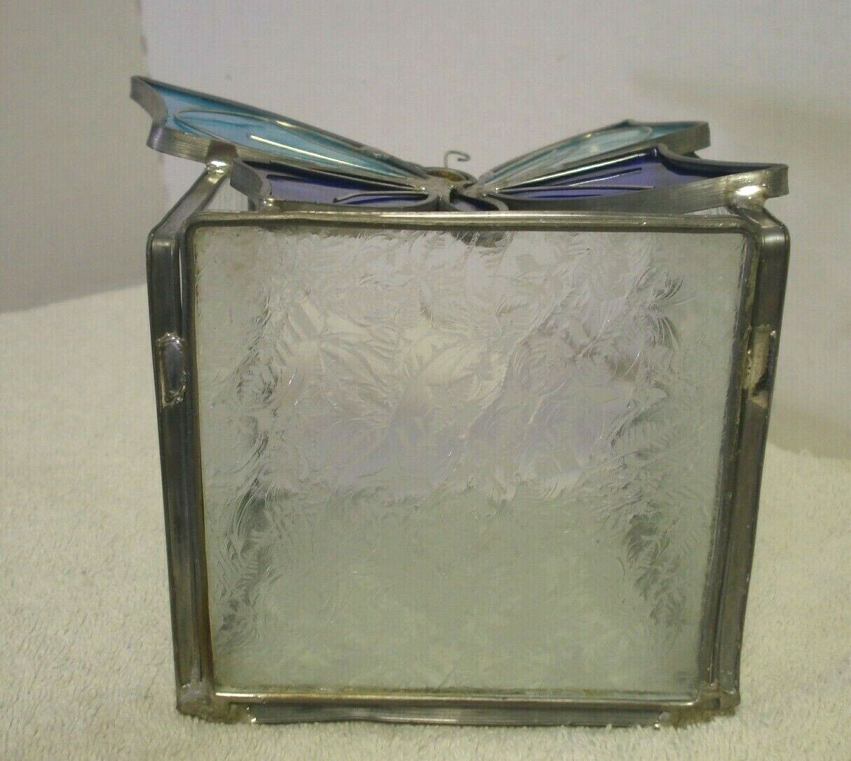 iridescent STAIN GLASS butterfly blue chip glass candle box silver tone ...