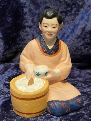 RARE Vintage Japanese Urasaki Hakata Clay Doll woman Filling Rice Bowl ...