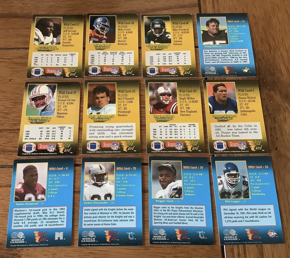 1992 Wild Card NFL Stripe and World League Stripe Mix Lot 12 Cards | eBay