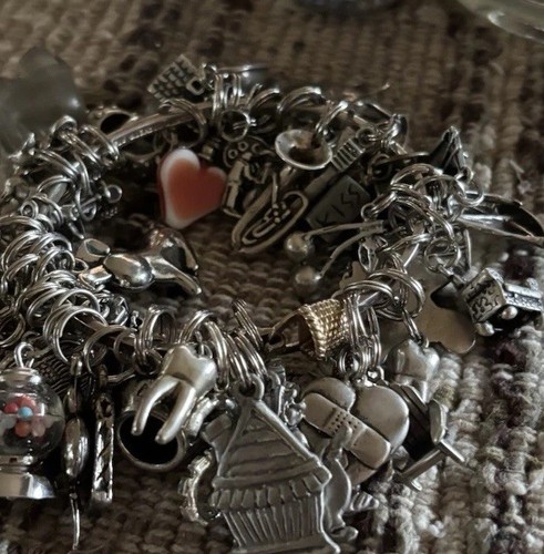 Vintage Sterling Silver + PEWTER mix 56 Charms Bracelet fun dental ...