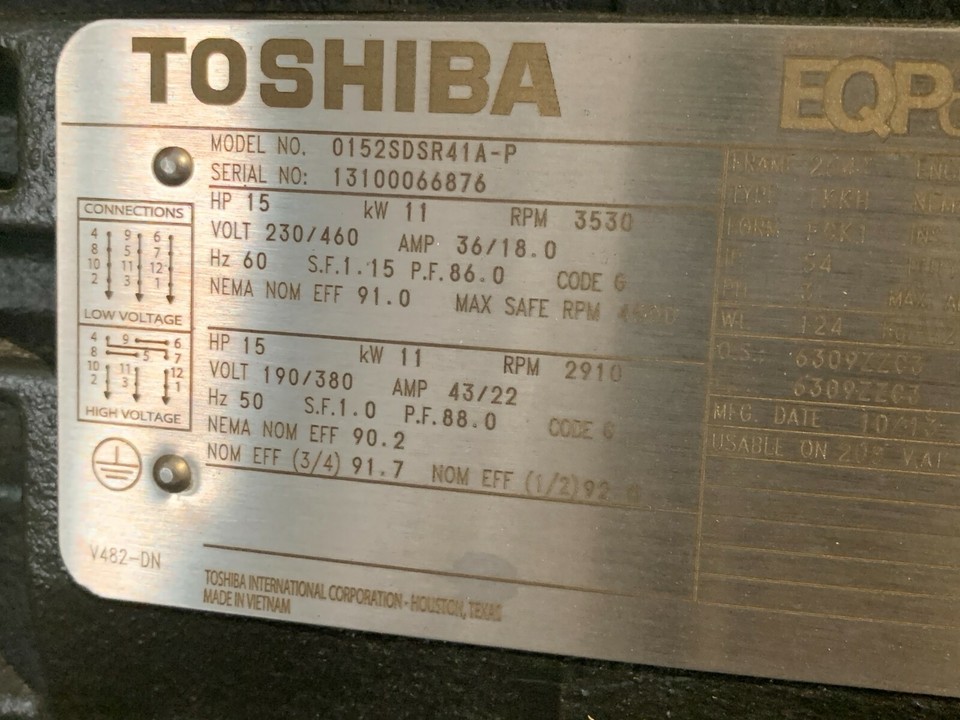 NEW NO BOX TOSHIBA 15HP 3530RPM MOTOR 254T FRAME 0152SDSR41A-P | eBay