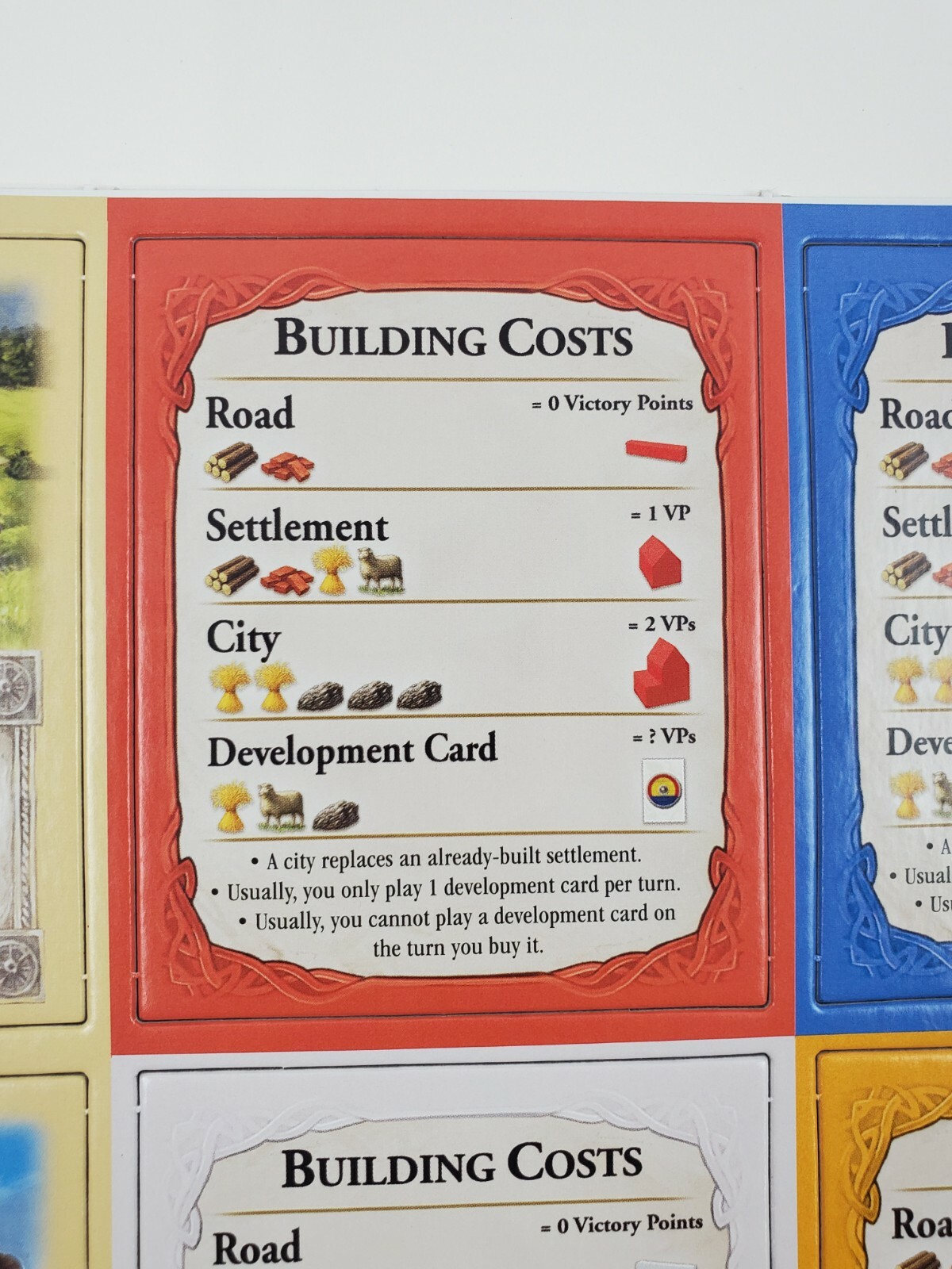 SETTLERS OF CATAN REPLACEMENT 4 Building Cost Cards 2 Special Cards ...