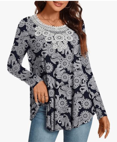 CATHY Women Tunic Tops Long Sleeve Fall Casual Fashion Crochet Lace T ...