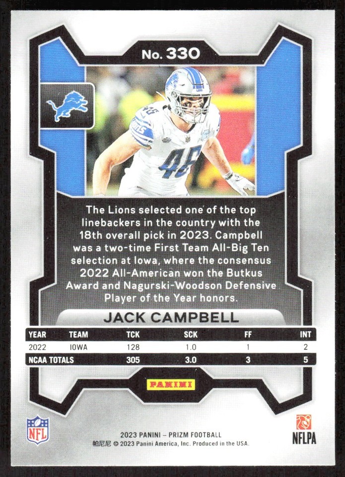 2023 10346B Panini Prizm Rookie Jack Campbell Rookie Detroit Lions #330 ...
