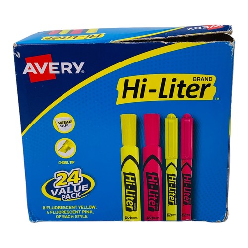 24/PK Avery Hi-Liter Yellow & Pink Fluorescent Highlighter Desk & Pen ...