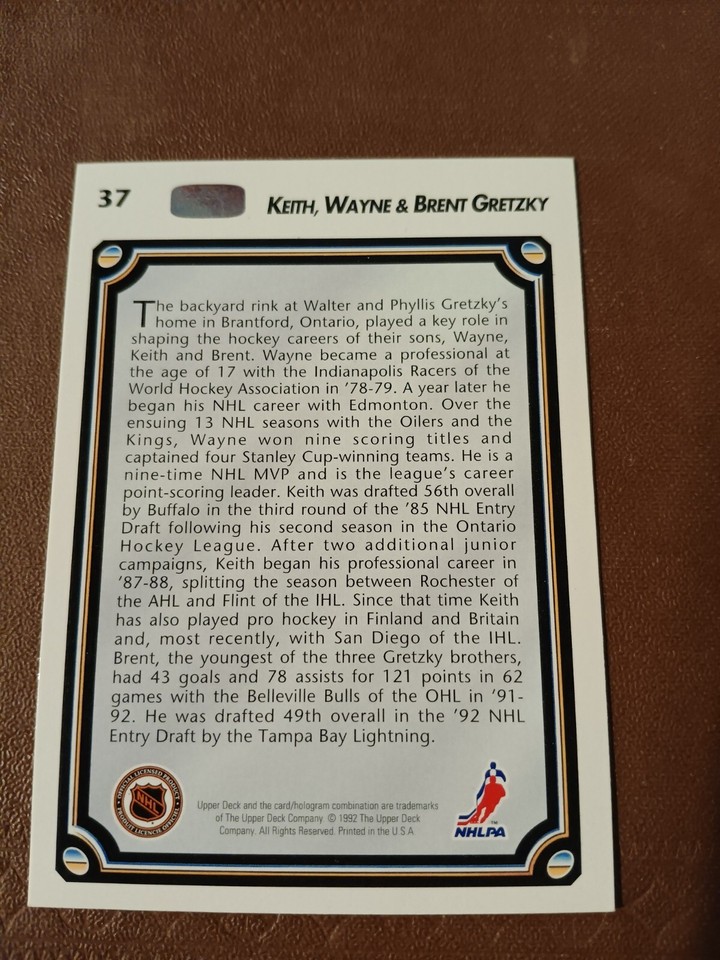 1992 WAYNE GRETZKY UPPER DECK BLOODLINES NHL CARD #37 KEITH BRETT KINGS ...