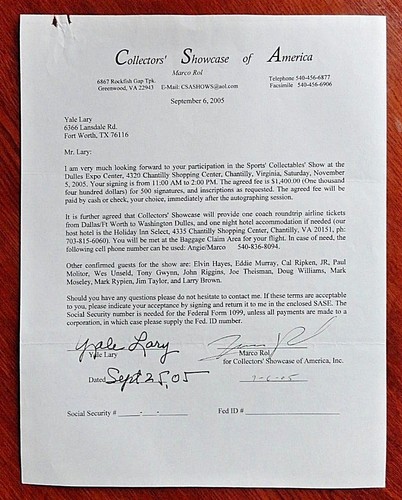 Yale Lary 2005 CSA Football Card Show Autograph Contract, Receipt, Note ...