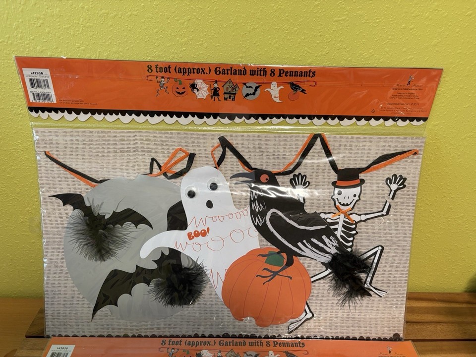 TWO Meri Meri Halloween 8' Garland w/Lg Pennants Skeleton Witch Ghost ...