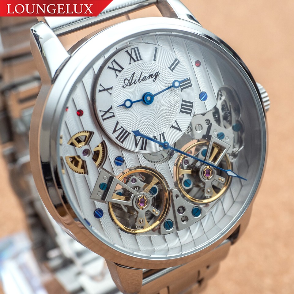 Mens Double Flywheel Automatic Mechanical Watch Silver White Stainless ...