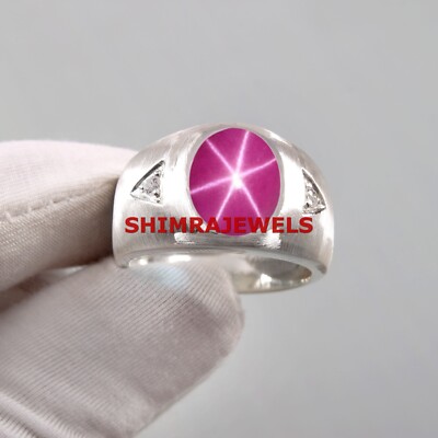 Lab Created Linde Star Ruby Gemstone With 925 Sterling Silver Men's ...