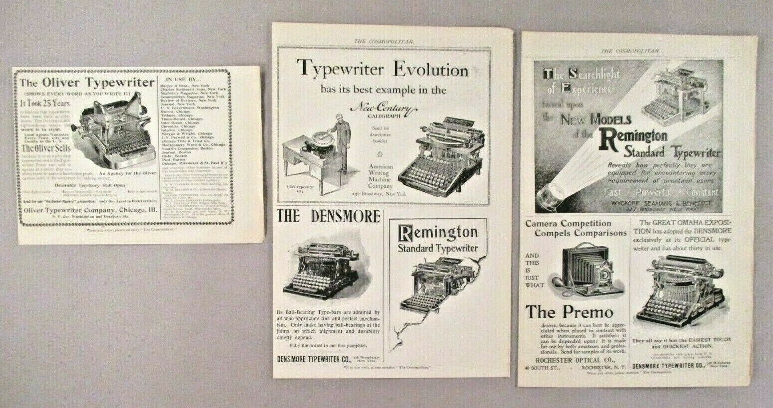 Typewriter LOT of PRINT ADs - 1898 & 1899 ~~ Oliver, Densmore ...