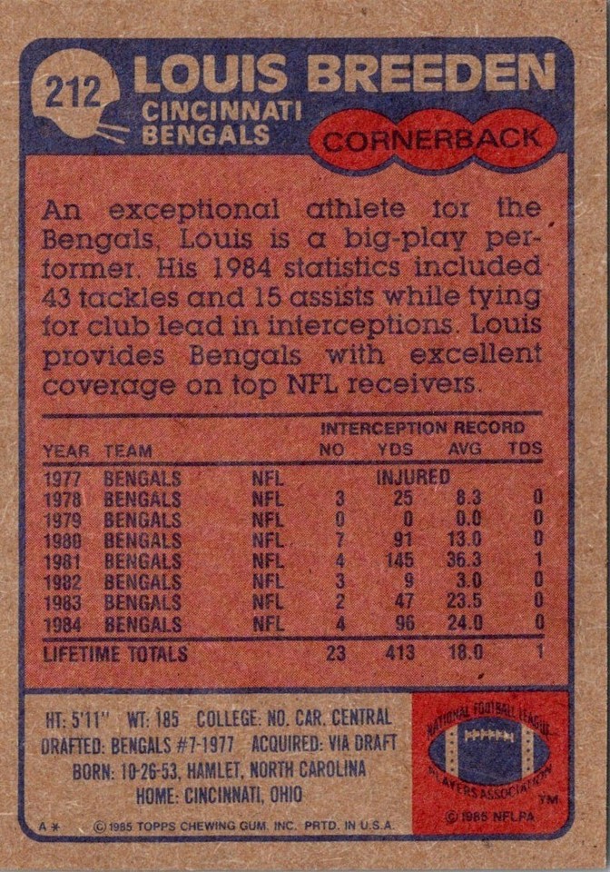 1985 Topps Louis Breeden #212 Cincinnati Bengals Football Card | eBay