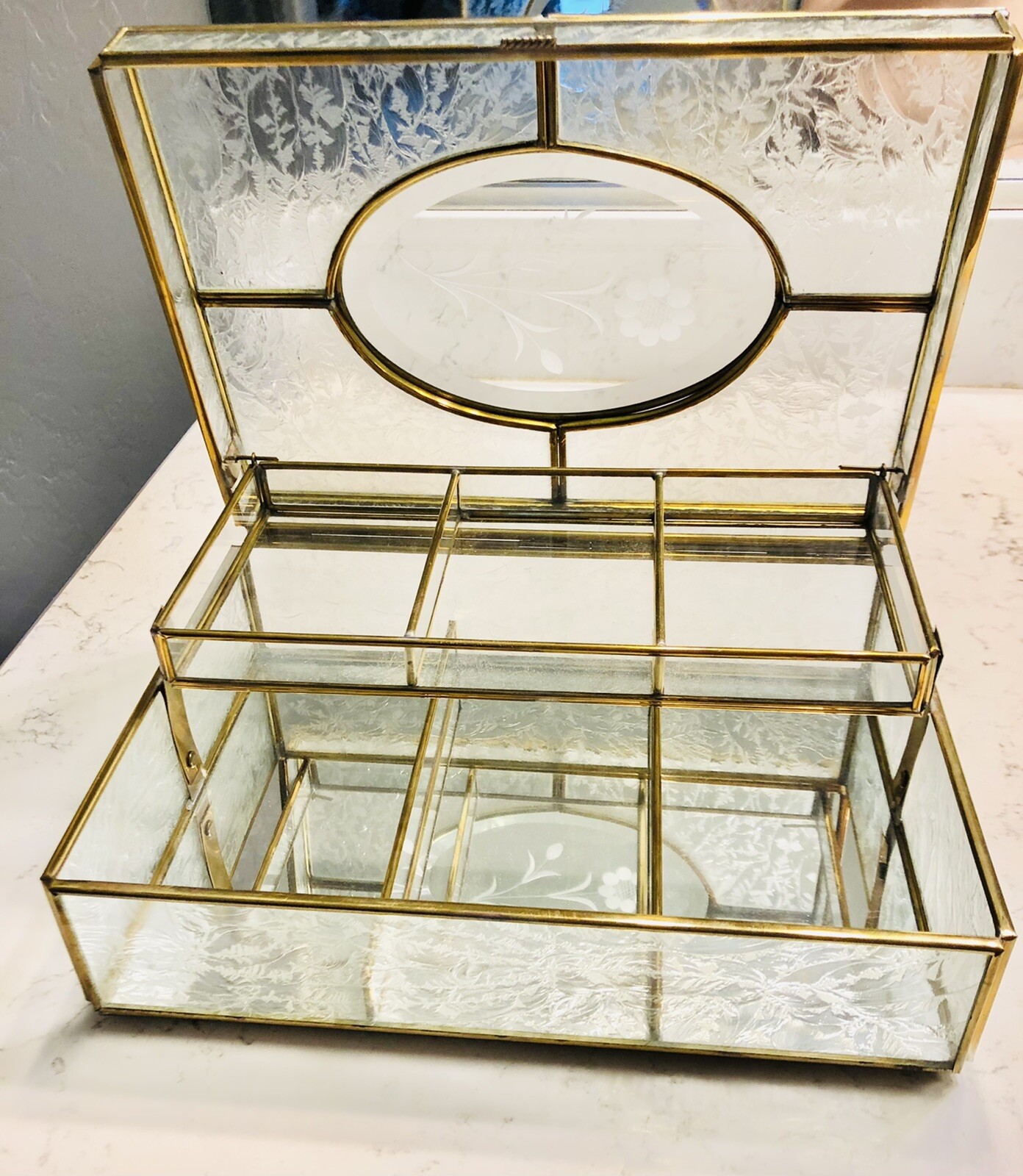 Vintage Etched Glass & Brass Display Jewelry Box Beveled 2 Tier ...