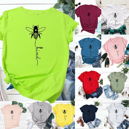 Neck Womens Crew T-Shirts Top Ladies Bee Printed Blouse Basic Tee ...