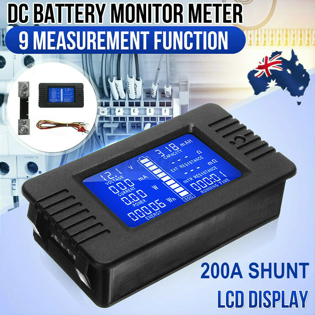 LCD Display DC Battery Monitor Meter 0-200V 200A Shunt Amp Cars RV ...