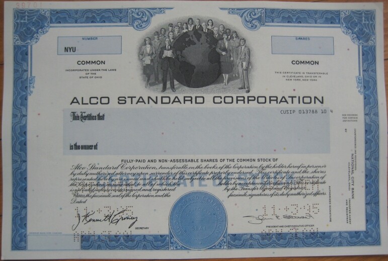 Specimen Stock Certificate, Alco Standard Corporation, American Bank ...