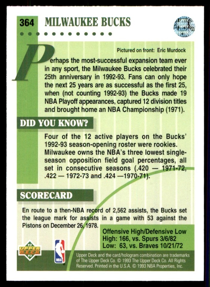 1992-93 Upper Deck Milwaukee Bucks Milwaukee Bucks #364 | eBay