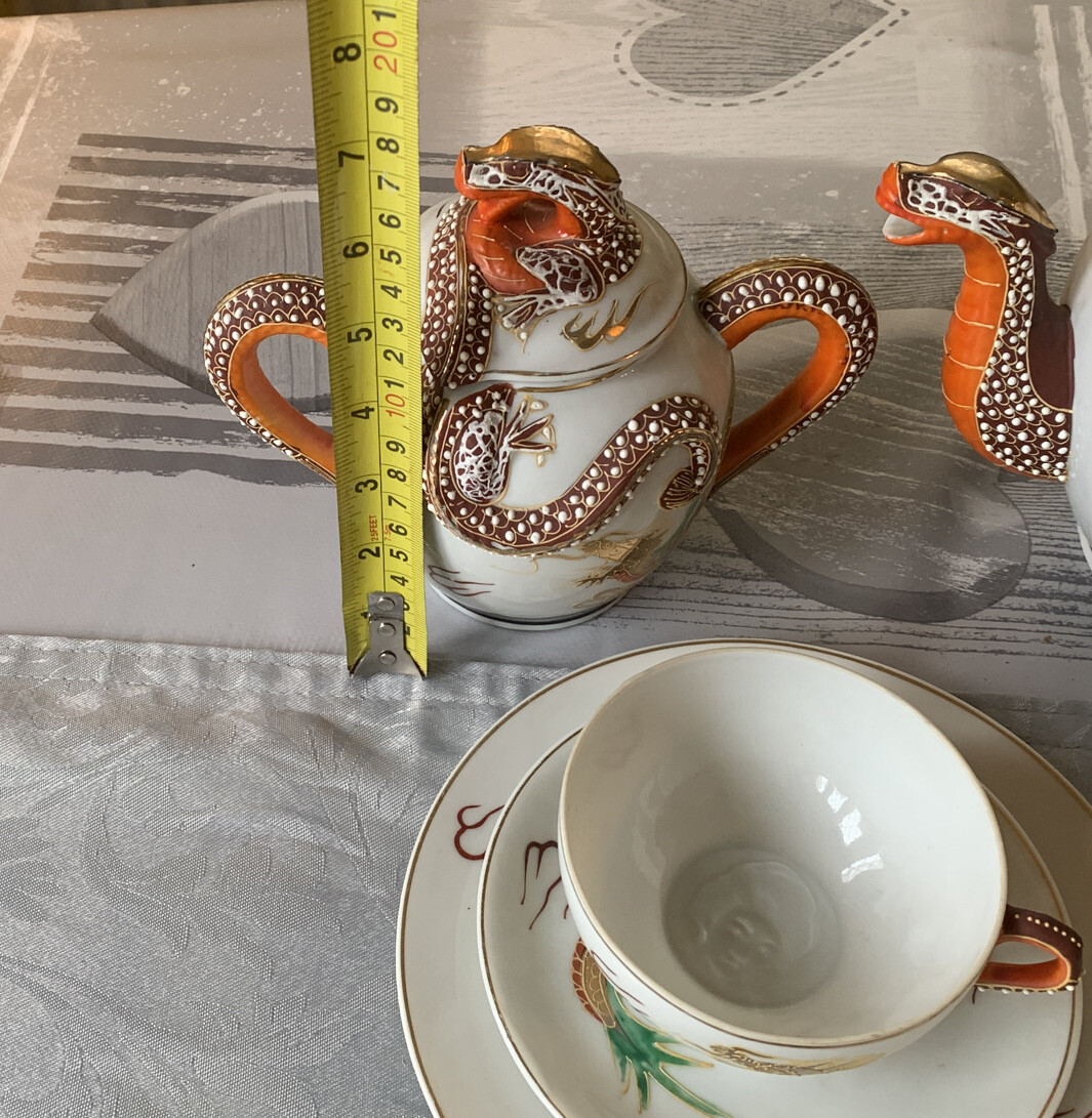 JAPANESE YAMASAN CHINA LITHOPANE DRAGON GEISHA THEME TEA SET HAND ...