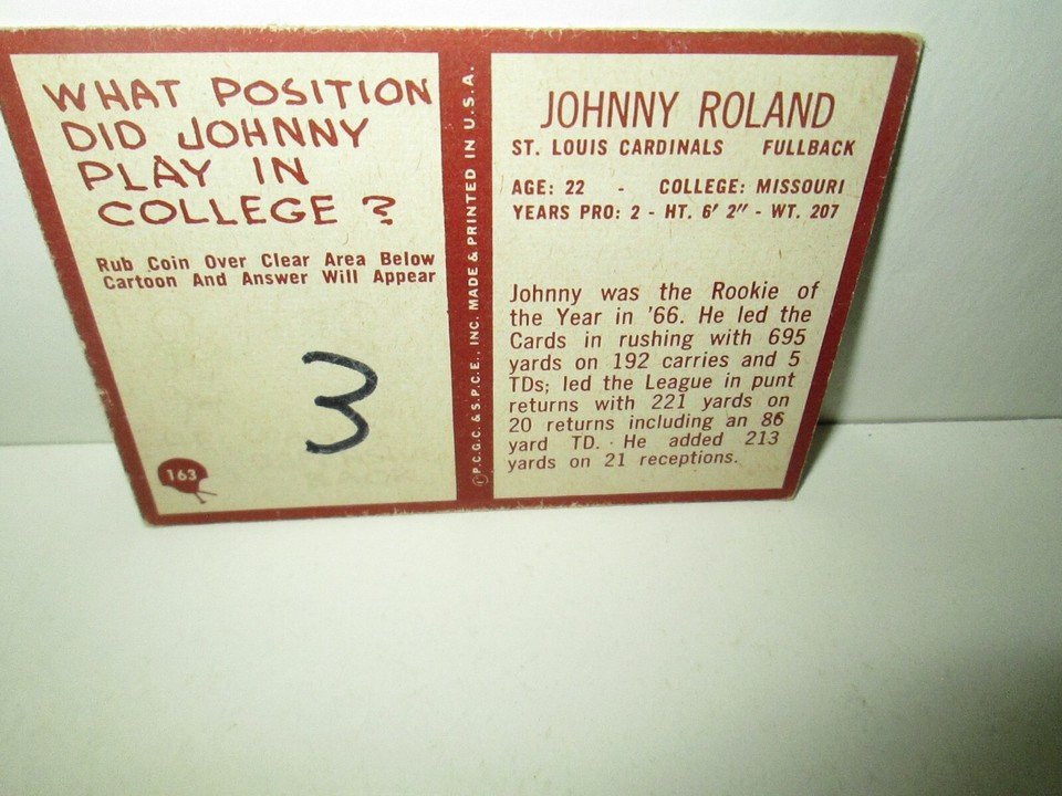 JOHNNY ROLAND 1967 Football Card Philadelphia #163 Rookie Rc ST. LOUIS ...