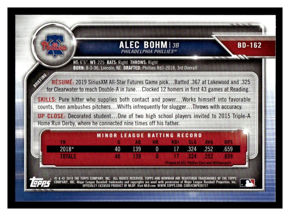 2019 Bowman Draft Alec Bohm BD-162 Philadelphia Phillies Mint | eBay