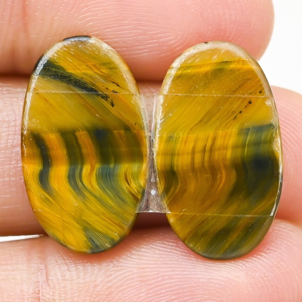 13.60Cts Natural Golden Tiger Eye Pair Oval Cabochon Loose Gemstone ...