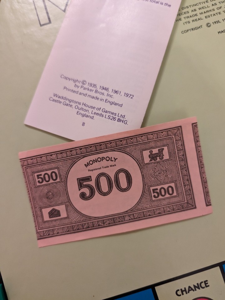 Unique $500 Note Misprinted Monopoly Money Cash Vintage 1972 ...