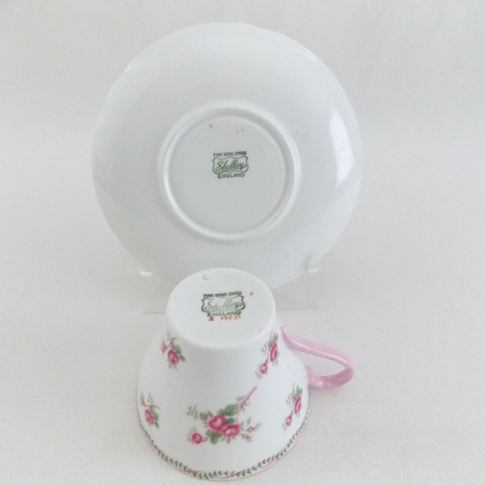 SHELLEY ROSE PINK BONE CHINA CUP AND SAUCER WHITE AND PINK GREEN VINE ...
