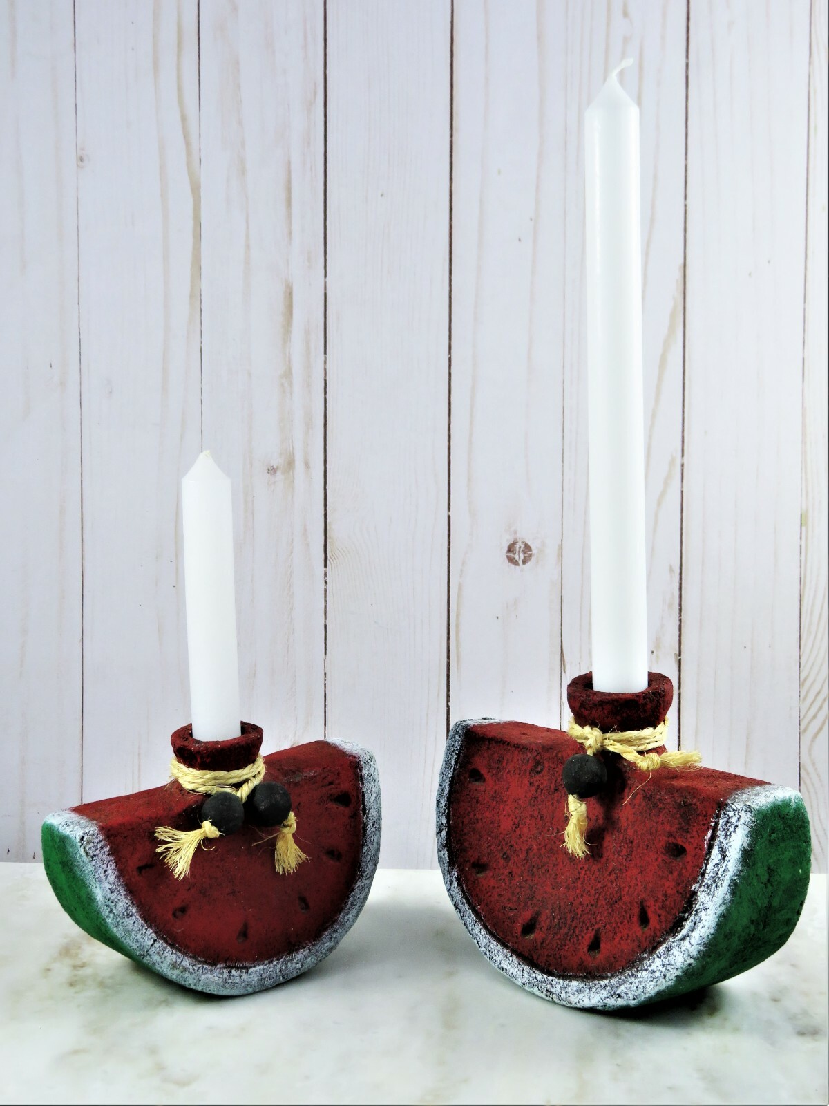 Pair Pottery Clay Watermelon Wedges Candle Holders Handmade Rustic Each ...