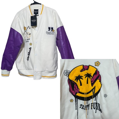 New Boohoo Man Trippy Funk Varsity Bomber Jacket Purple Men's Small ...