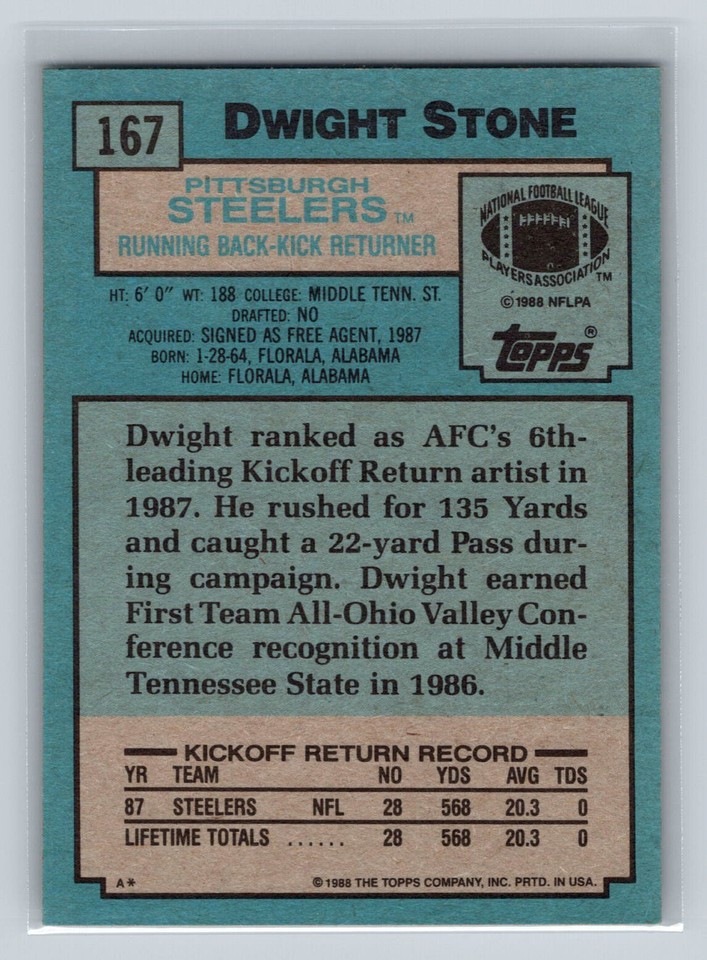 1988 Topps #167 RC Dwight Stone Pittsburgh Steelers Mint | eBay