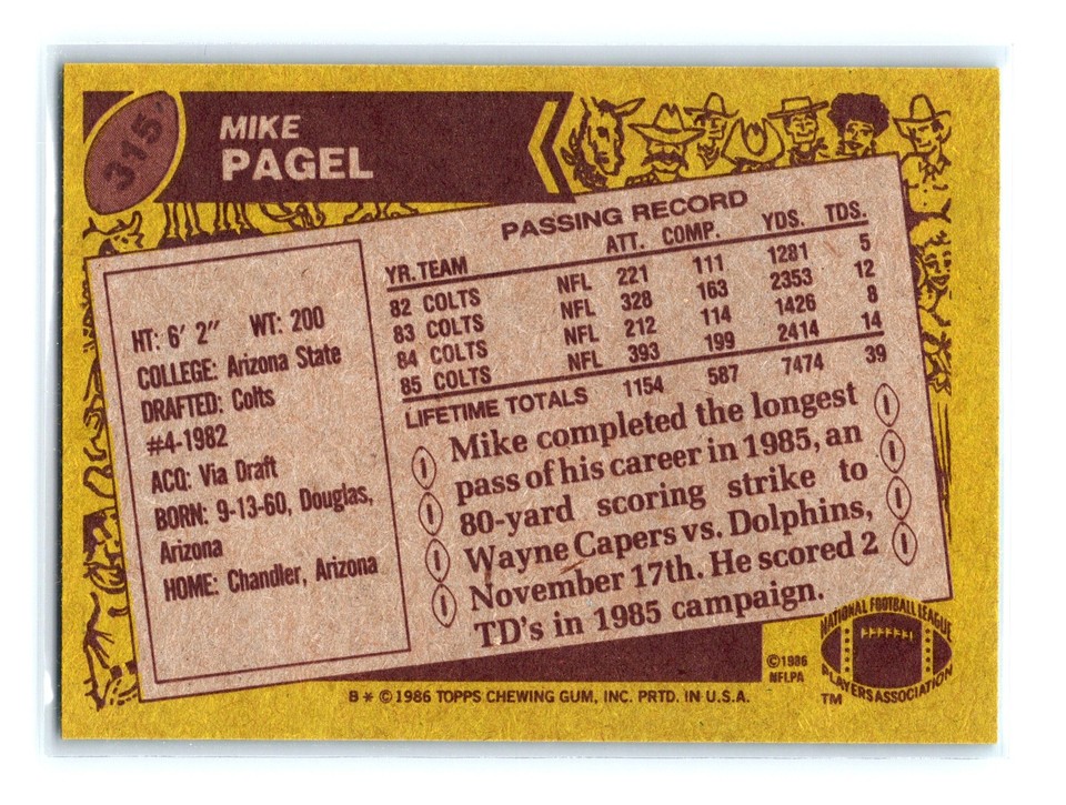 1986 Topps Football #315 Mike Pagel Indianapolis Colts | eBay