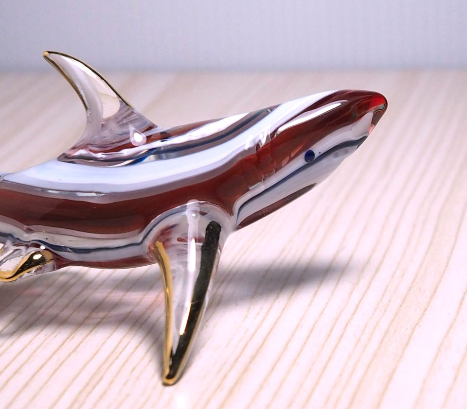 Maroon Blue Shark figurine handmade blown glass art gold trim 4.25 ...
