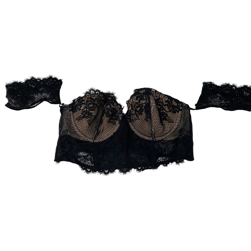 Adore Me Bustier Bra Top Womens Size 34C Black Lace Sleeves Nude | eBay