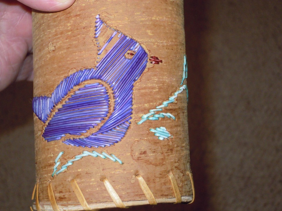 Vtg Birch Bark Porcupine Quill Basket Canister Jar Handmade Bird NW ...