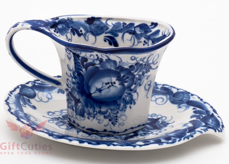 Porcelain Gzhel Cup & Saucer coffee set couple author's work handmade ...