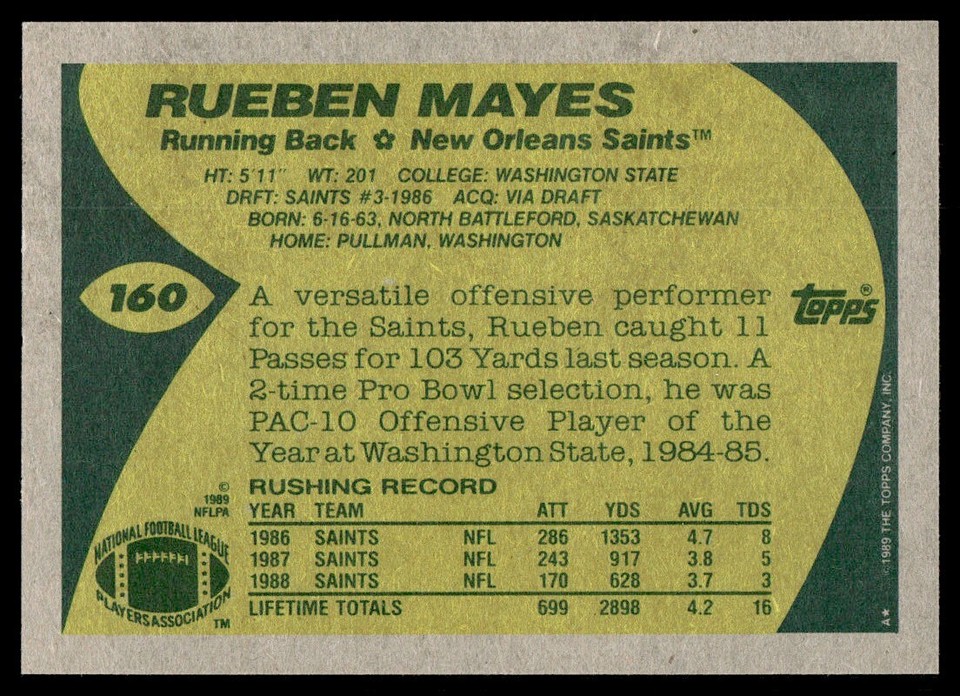 1989 Topps Rueben Mayes New Orleans Saints #160 | eBay