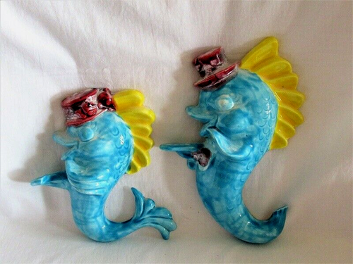 2 VTG 60'S BLUE CERAMIC ANTHROPROMORPHIC FISH COUPLE WALL PLAQUES ...